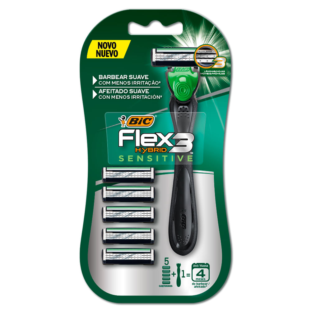 Aparelho de Barbear Bic Flex 3 Hybrid Sensitive com 5 Cargas - Drogaria Araujo